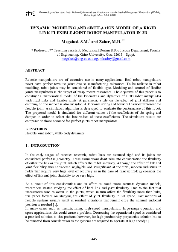 Pdf Dynamic Modeling And Simulation Model Of A Rigid Link Flexible