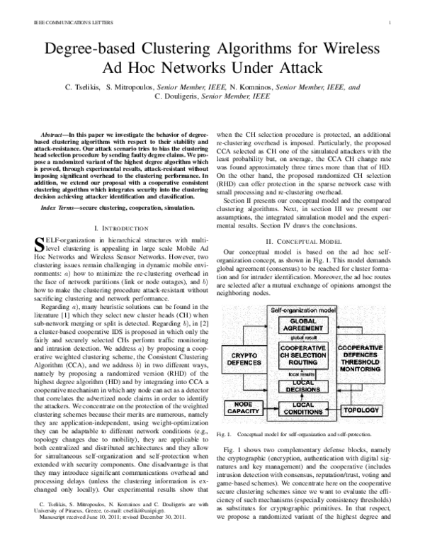 Pdf Degree Based Clustering Algorithms For Wireless Ad Hoc Networks Under Attack