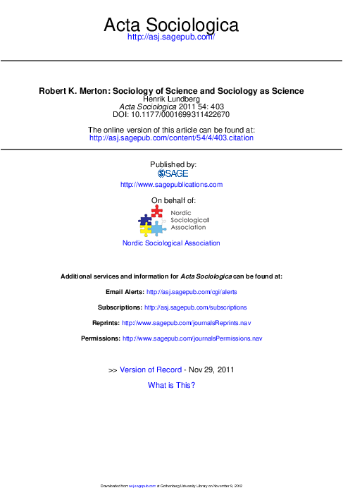 (PDF) Robert K. Merton: Sociology of Science and Sociology as Science