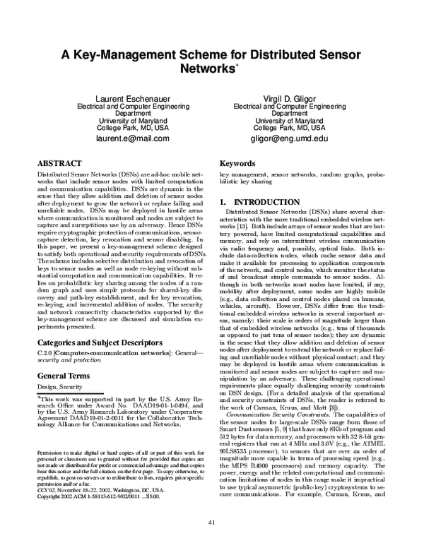 Pdf A Key Management Scheme For Distributed Sensor Networks