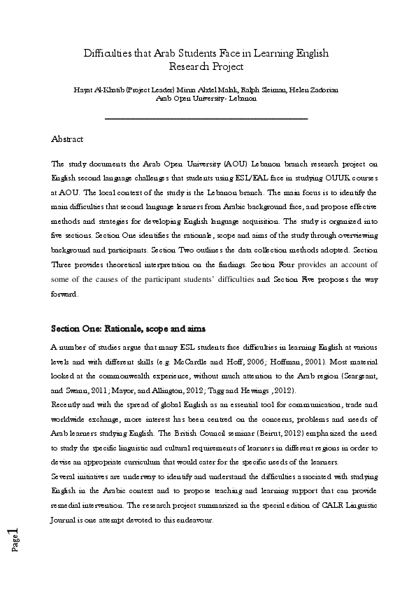 (PDF) Difficulties that Arab Students Face in Learning English Research ...