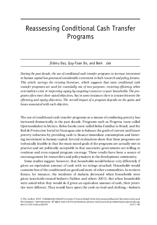(PDF) Reassessing conditional cash transfer programs