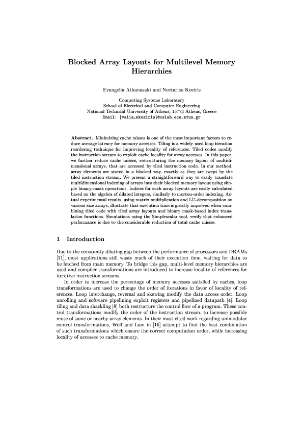 Pdf Blocked Array Layouts For Multilevel Memory Hierarchies
