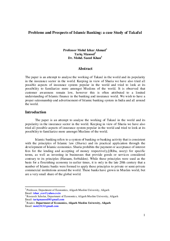 (PDF) Problems and Prospects of Islamic Banking: a case Study of Takaful