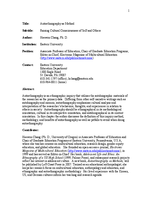 (DOC) Autoethnography as method