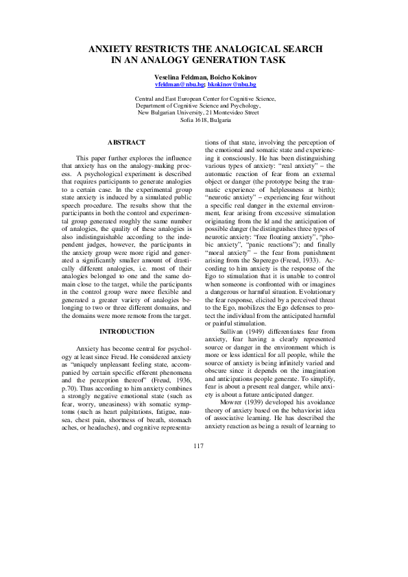 (PDF) Anxiety Restricts the Analogical Search in an Analogy Generation Task