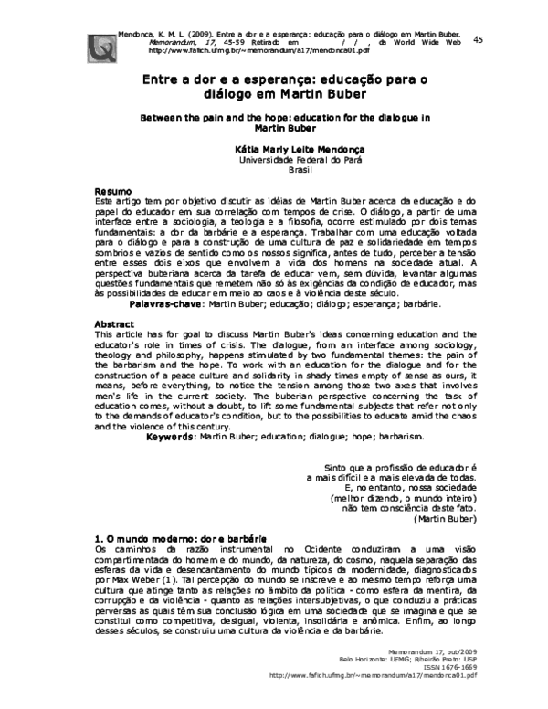 (PDF) Entre a dor ea esperança: educação para o diálogo em Martin Buber ...