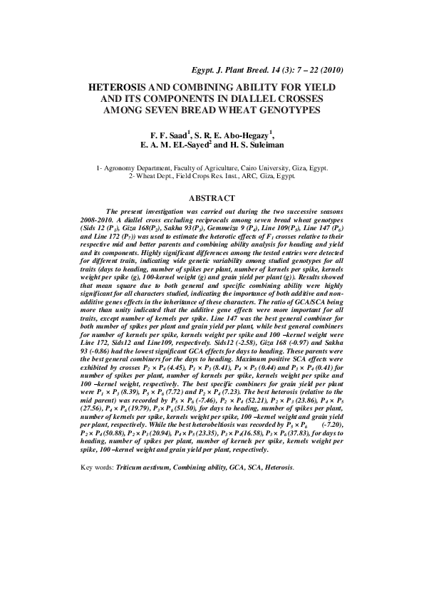 (PDF) HETEROSIS AND COMBINING ABILITY FOR YIELD AND ITS COMPONENTS IN ...