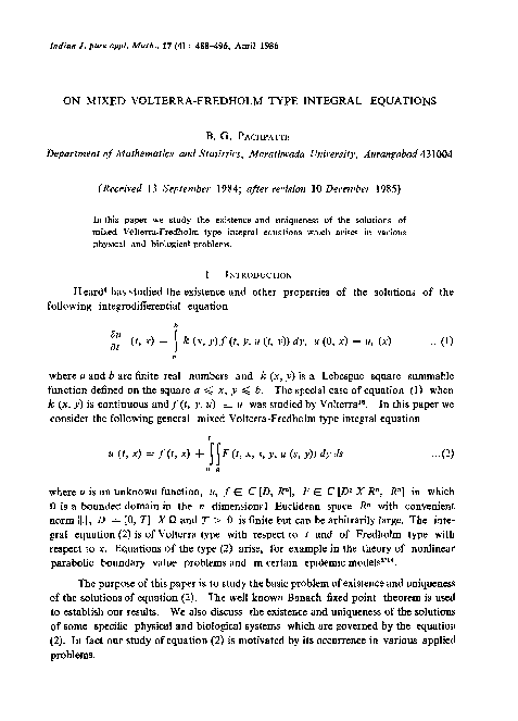 Pdf On Mixed Volterra Fredholm Type Integral Equations