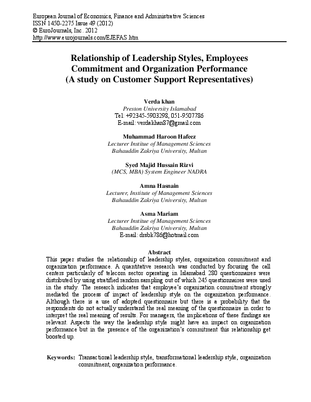 (PDF) Relationship of Leadership Styles, Employees Commitment and Organization Performance (A ...