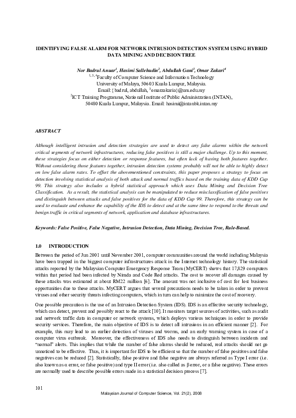 Pdf Identifying False Alarm For Network Intrusion Detection System Using Hybrid Data Mining