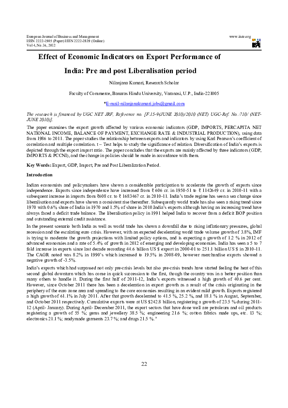 (PDF) Effect of Economic Indicators on Export Performance of India: Pre ...