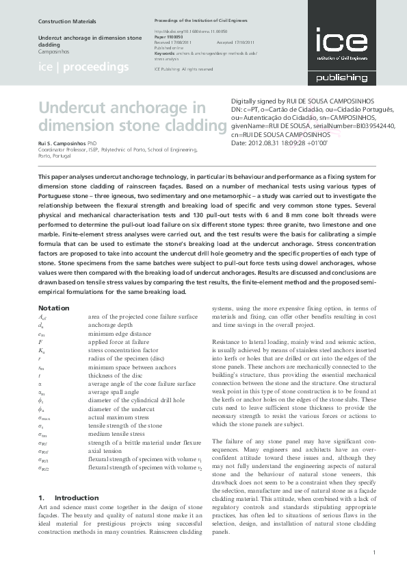 (PDF) Undercut anchorage in dimension stone cladding