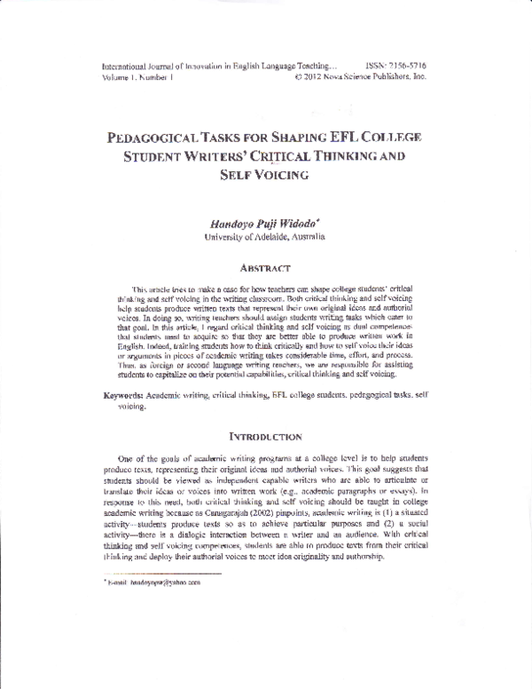(PDF) Critical Thinking and Self Voicing in Academic Writing