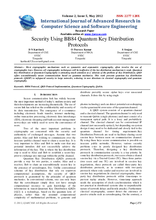 Pdf Security Using Bb84 Quantum Key Distribution Protocols