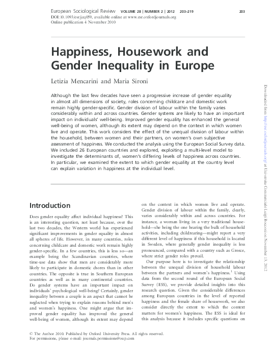 (PDF) Happiness, Housework and Gender Inequality in Europe