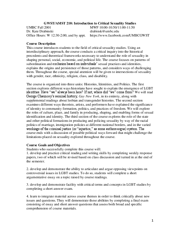(DOC) Introduction to Critical Sexuality Studies Syllabus