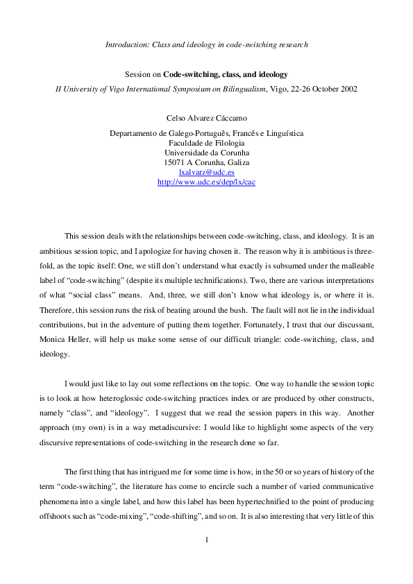 Introduction: Class and ideology in code-switching research