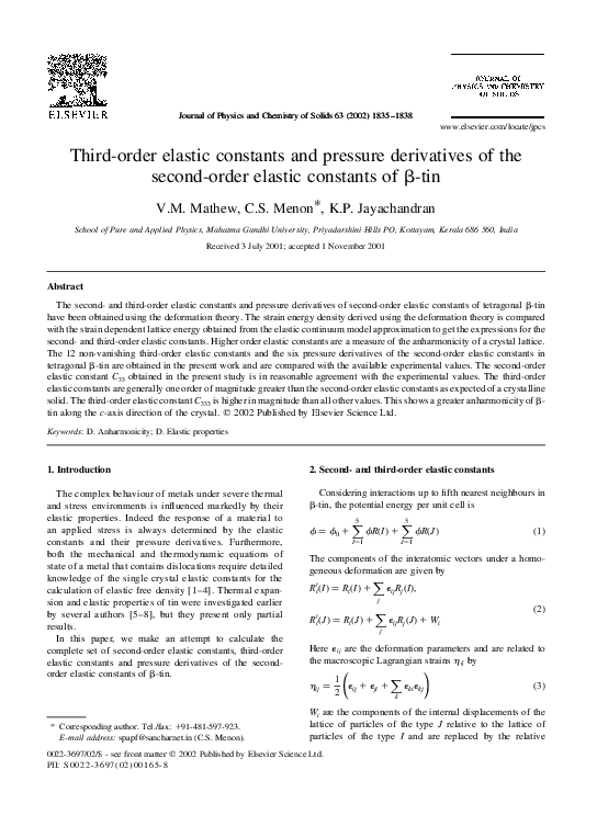 Pdf Third Order Elastic Constants And Pressure Derivatives Of The Second Order Elastic