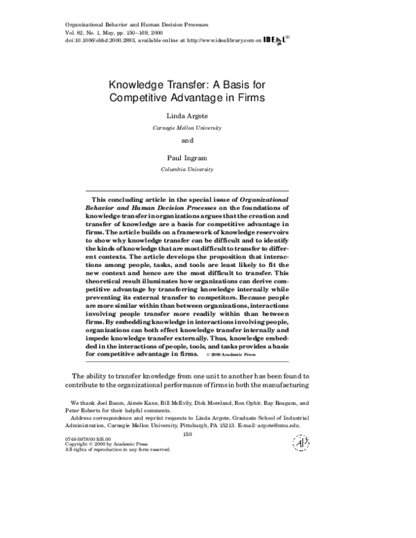 (PDF) Knowledge transfer: A basis for competitive advantage in firms