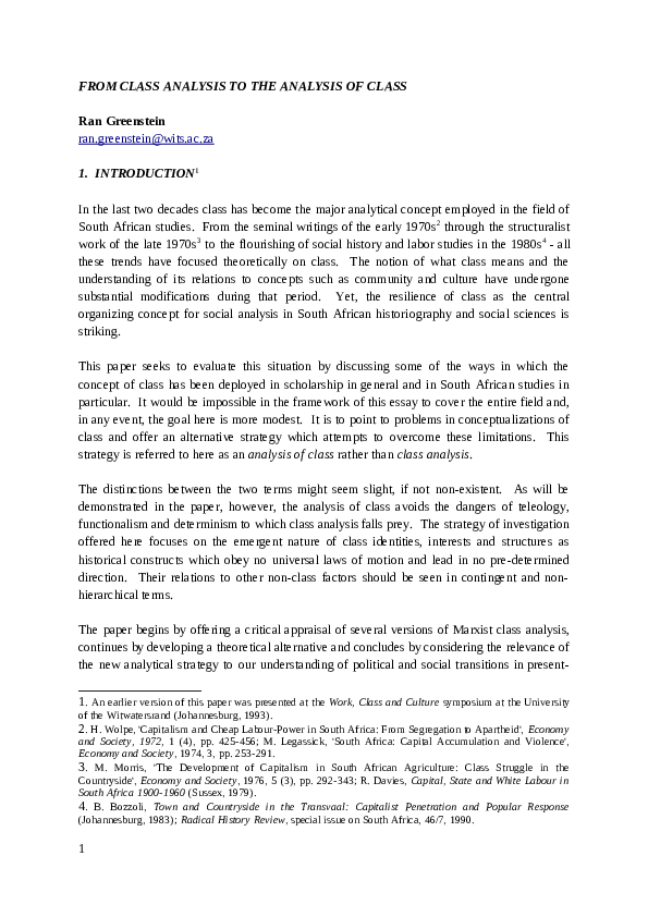 (PDF) From Class Analysis to the Analysis of Class