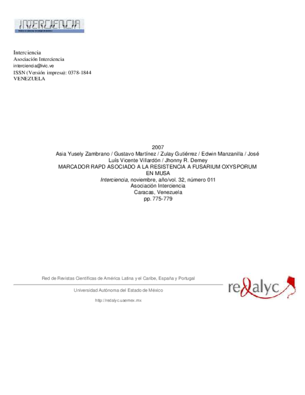 (PDF) MARCADoR RAPD ASoCIADo A LA RESIStEnCIA A Fusarium oxysporum En Musa
