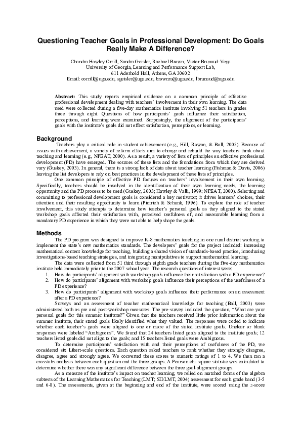 (PDF) Questioning teacher goals in professional development: do goals ...