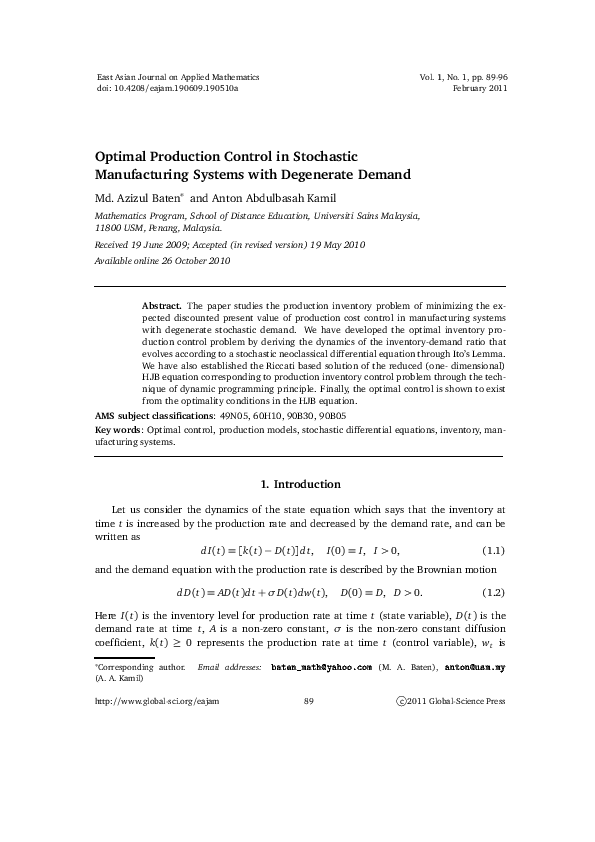 (PDF) Optimal Production Control in Stochastic Manufacturing Systems with Degenerate Demand