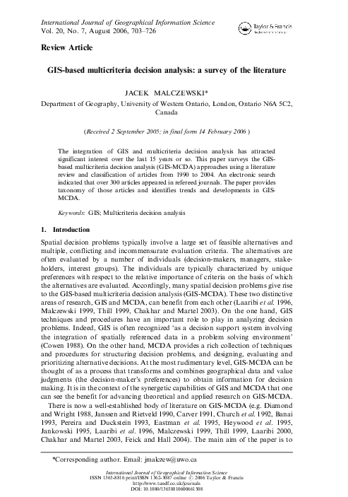 (PDF) GIS‐based multicriteria decision analysis: a survey of the literature