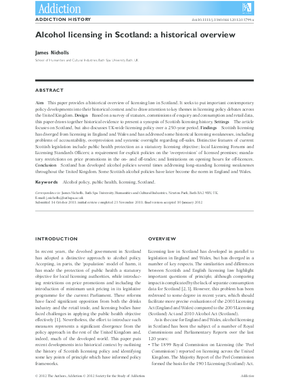 (PDF) Alcohol licensing in Scotland: a historical overview