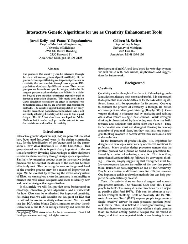 Pdf Interactive Genetic Algorithms For Use As Creativity Enhancement