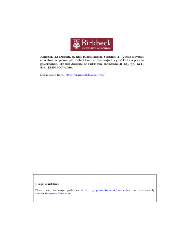 (PDF) Shareholder primacy and the trajectory of UK corporate governance