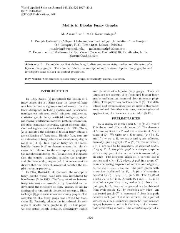 Pdf Metric In Bipolar Fuzzy Graphs