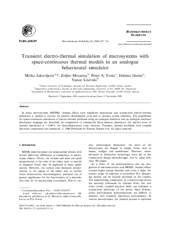 Pdf Transient Electro Thermal Simulation Of Microsystems With Space Continuous Thermal Models