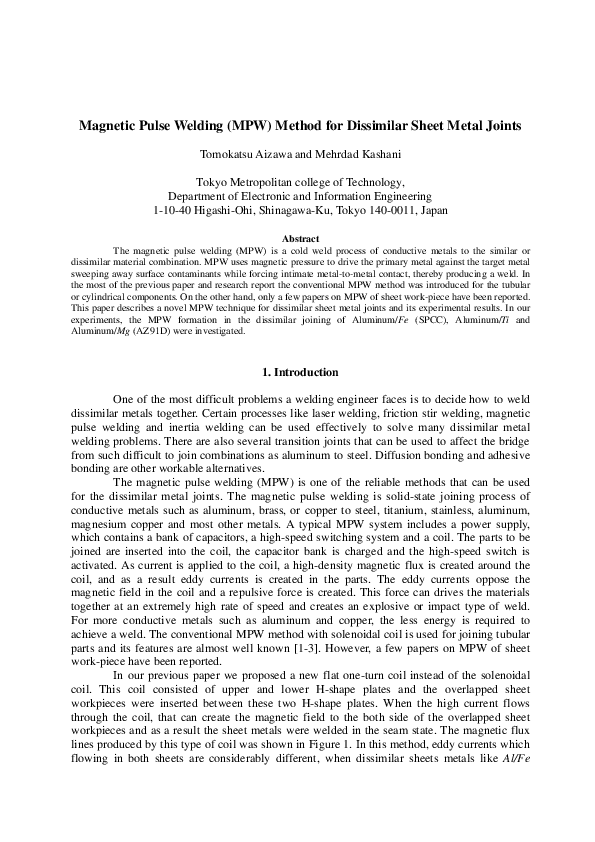 (PDF) Magnetic pulse welding (MPW) method for dissimilar sheet metal joints