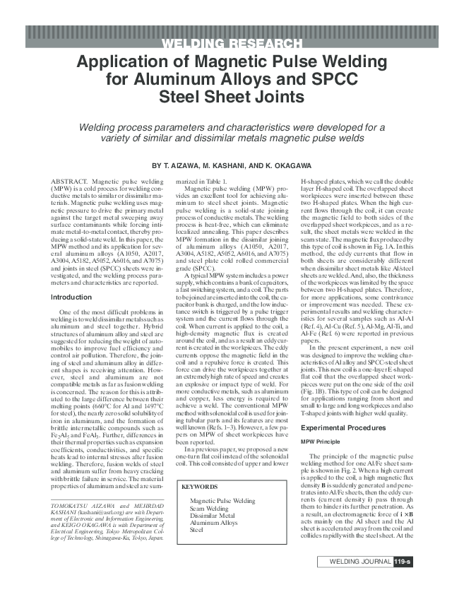 (PDF) Application of magnetic pulse welding for aluminum alloys and SPCC steel sheet joints