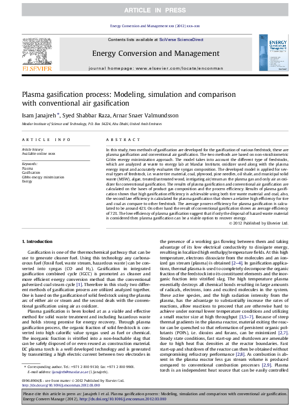 (PDF) Plasma gasification process: Modeling, simulation and comparison with conventional air ...