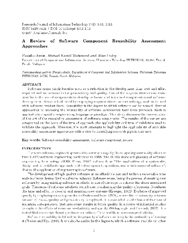 Pdf A Review Of Software Component Reusability Assessment Approaches
