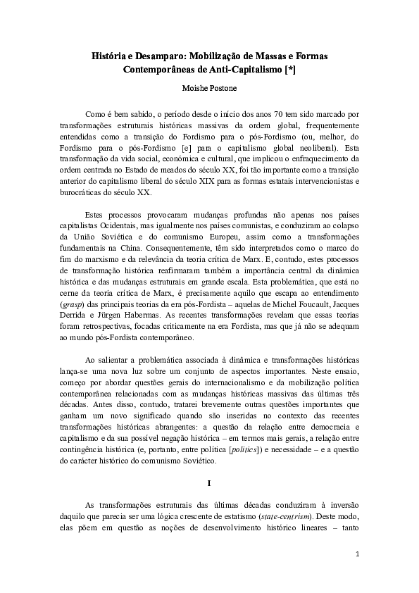 (PDF) História e Desamparo - Moishe Postone