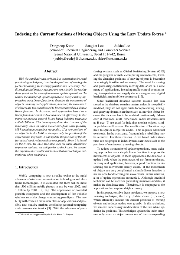 Pdf Indexing The Current Positions Of Moving Objects Using The Lazy Update R Tree