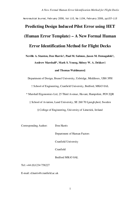 (PDF) Predicting design induced pilot error using HET (human error template)-A new formal human ...