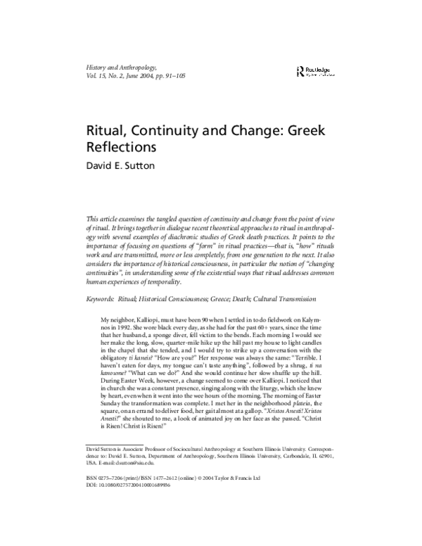 (PDF) Ritual, Continuity and Change: Greek Reflections