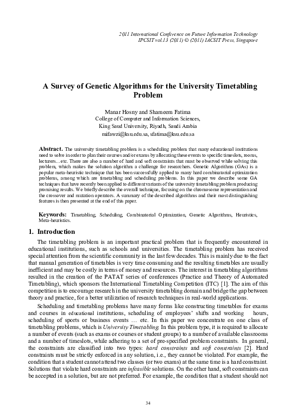 (PDF) A Survey of Genetic Algorithms for the University Timetabling Problem