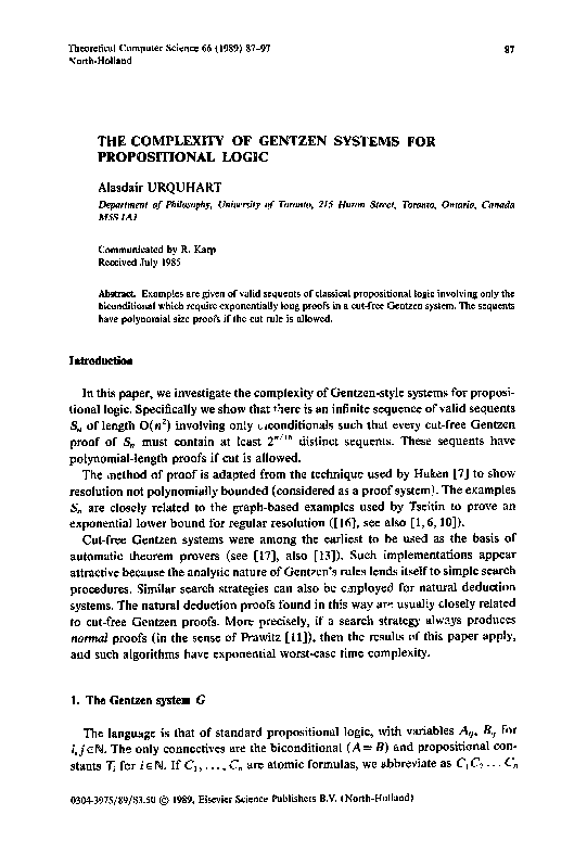 (PDF) The complexity of Gentzen systems for propositional logic