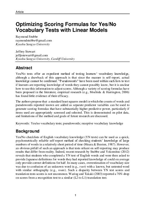 (DOC) Optimizing Scoring Formulas for Yes/No Vocabulary Tests with ...