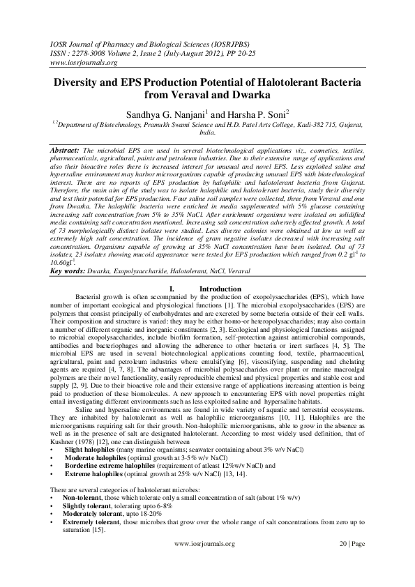 (PDF) Diversity and EPS Production Potential of Halotolerant Bacteria from Veraval and Dwarka