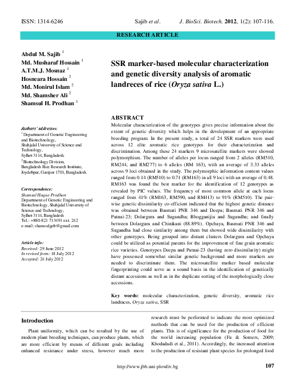 (PDF) SSR marker-based molecular characterization and genetic diversity analysis of aromatic ...