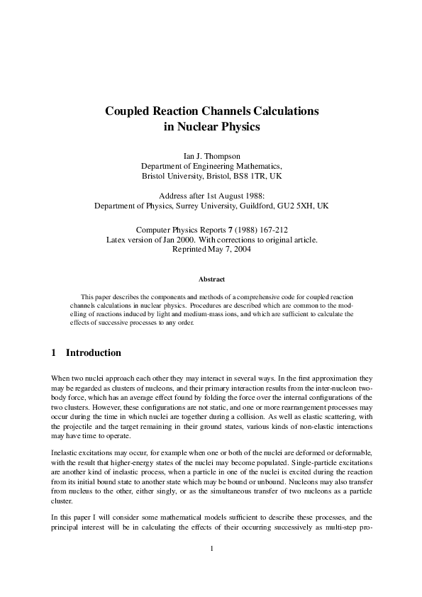 (PDF) Coupled reaction channels calculations in nuclear physics