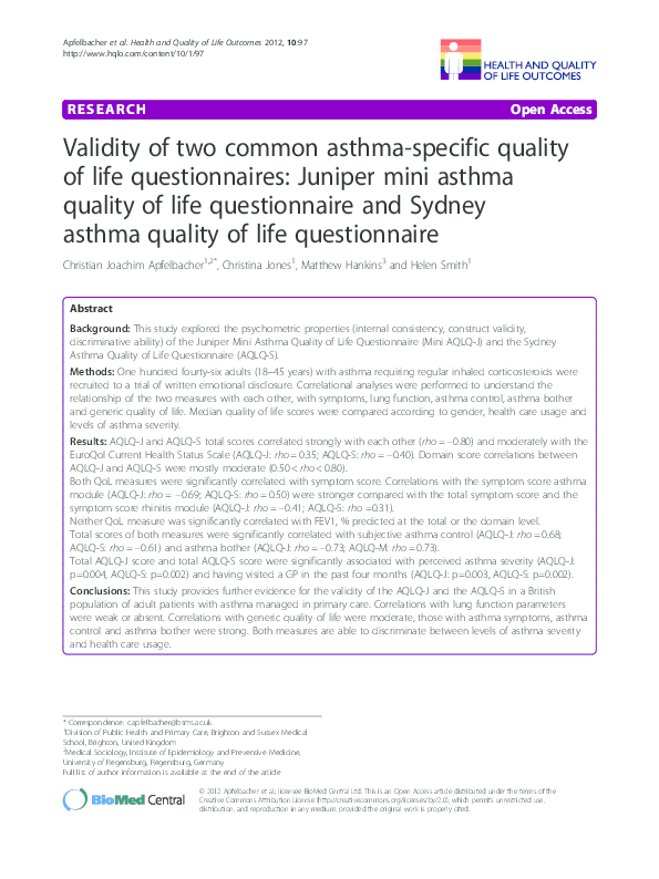 (PDF) Validity of two common asthma-specific quality of life ...