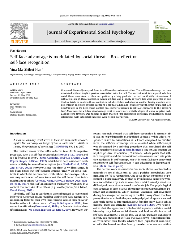 Pdf Self Face Advantage Is Modulated By Social Threat Boss Effect On